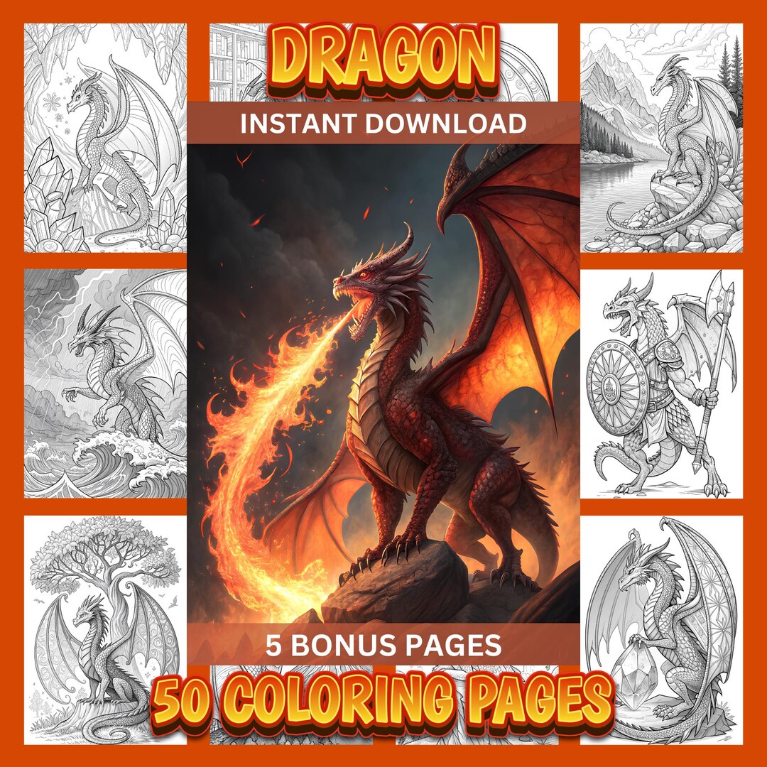50 Dragon Coloring Pages: Grayscale Fantasy Art (instant Download) - Etsy