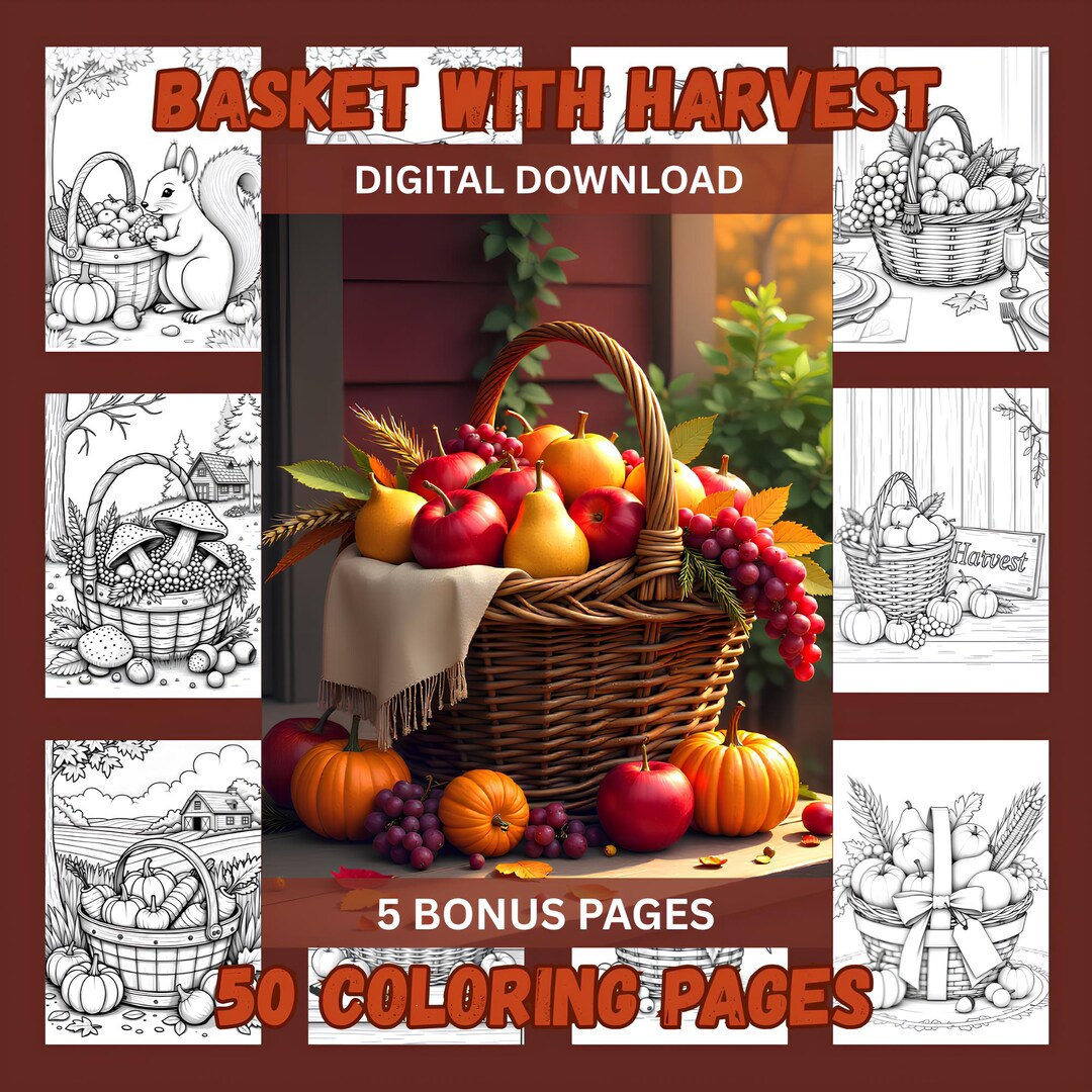 Fall Harvest Basket Coloring Pages: Autumn Activity Book (PDF Download ...