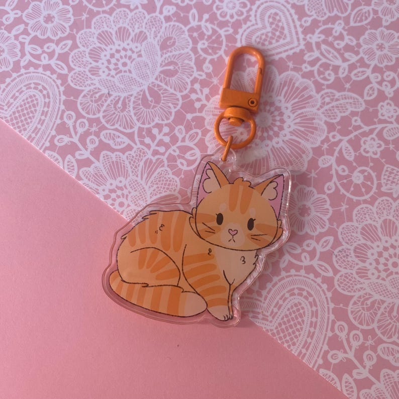 Ginger Tabby Cat Keychain - Kawaii Double Sided Acrylic Keychain With ...