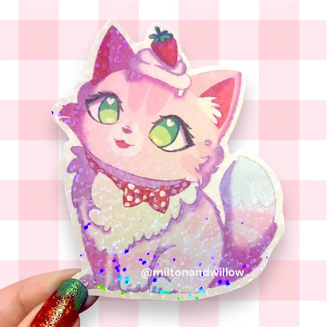 Strawberry Cat Sticker - Holographic Rainbow Sparkle Sticker Pink Tabby ...