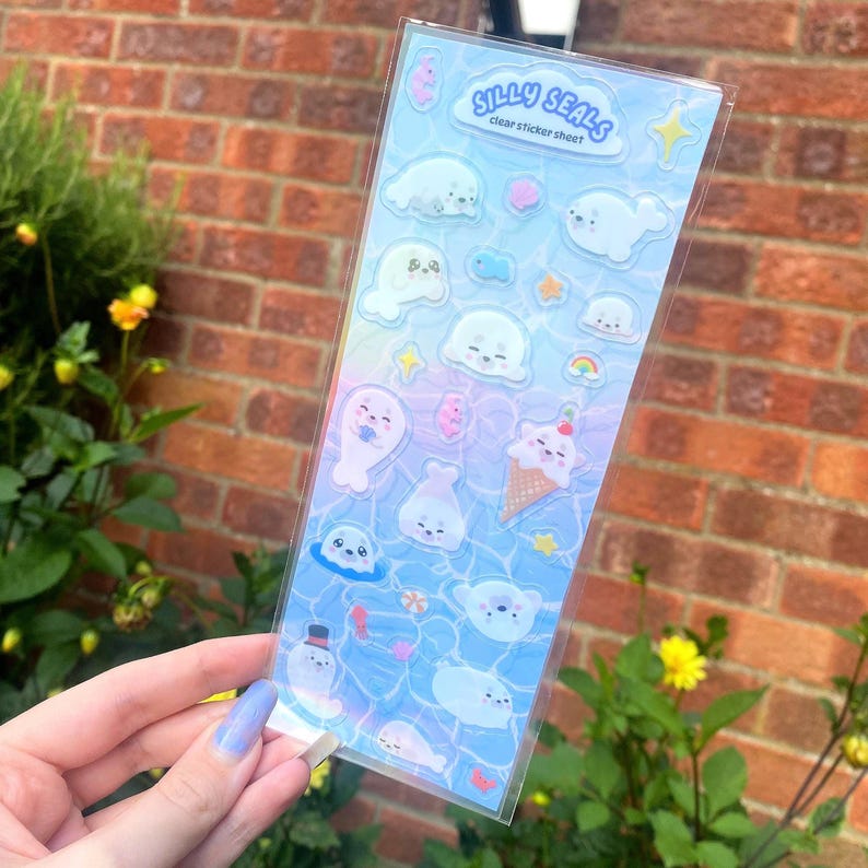 Kawaii Seal Sticker Sheet – Rainbow Holo Clear Stickers - Etsy
