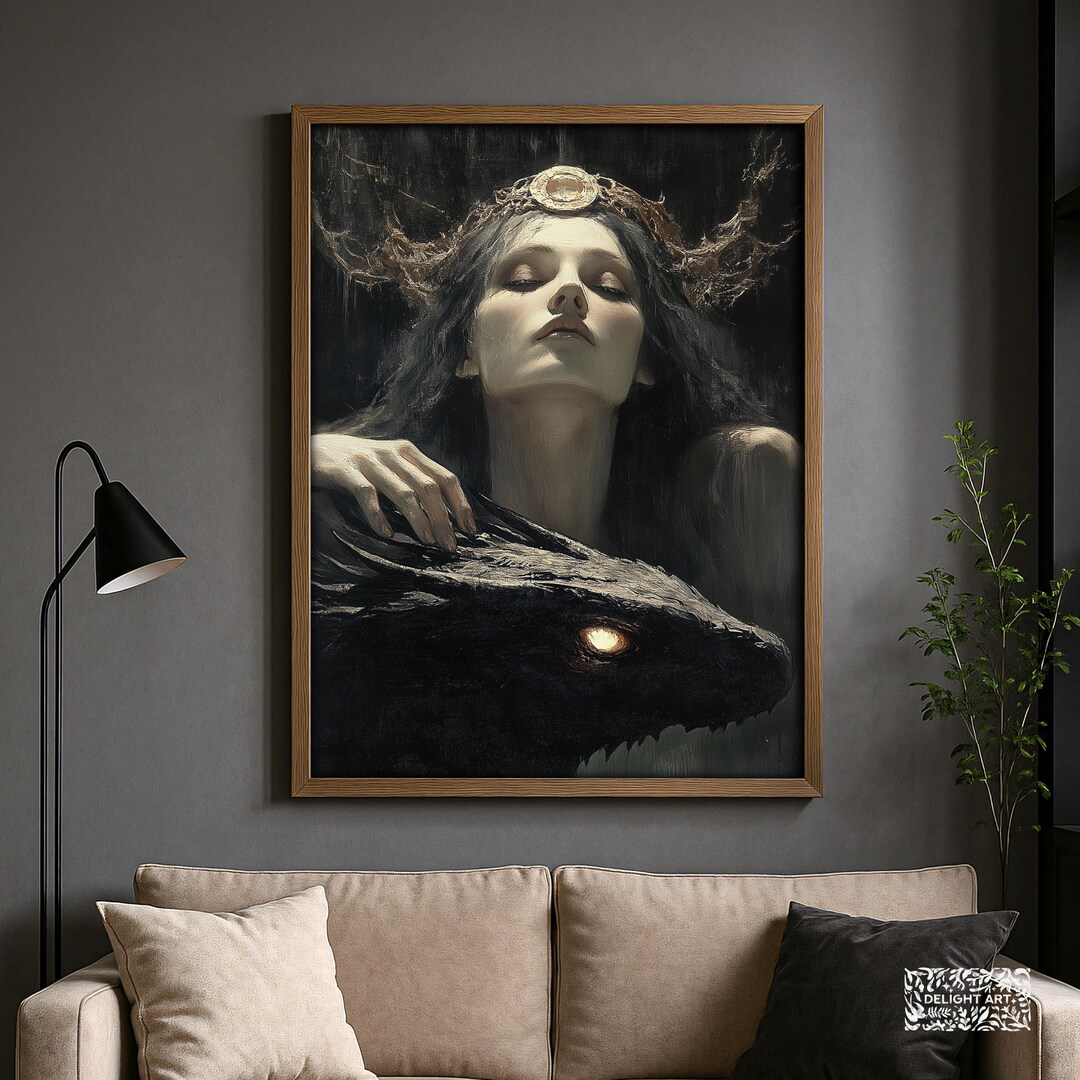 Dark Fantasy Lady With Dragon Print: Gothic Witchcore Wall Art (digital ...