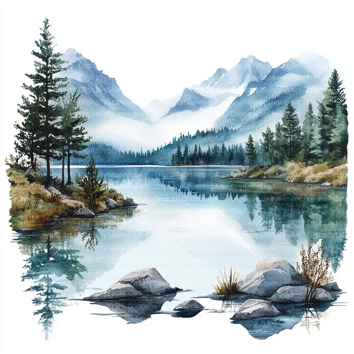 Watercolor Lake Scenery Clipart: Mountain Landscape Art (digital ...