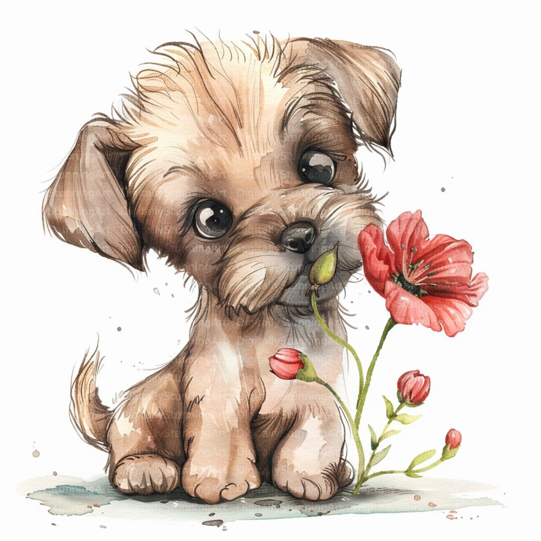 15 Cute Baby Dogs With A Flower Watercolor Clipart, High Quality JPG ...