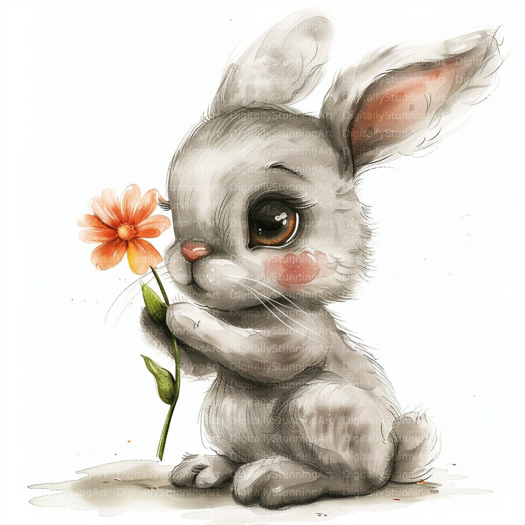 Rabbit Watercolor Clipart, Flower, Commercial Use (digital Download - Etsy