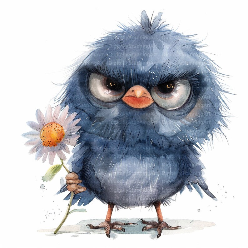 15 Grumpy Birds Watercolor Clipart, Fluffy Cute Birds, Commercial Use ...