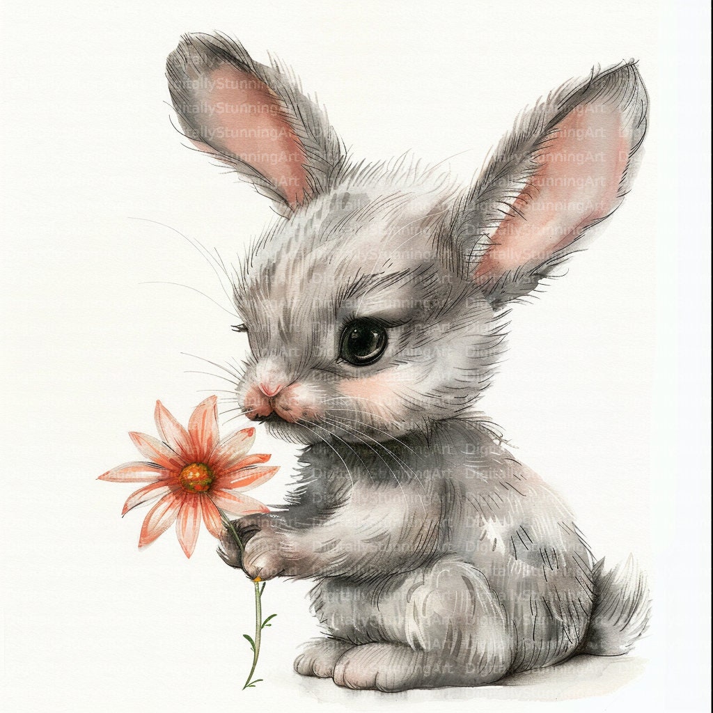 Rabbit Watercolor Clipart, Flower, Commercial Use (digital Download - Etsy