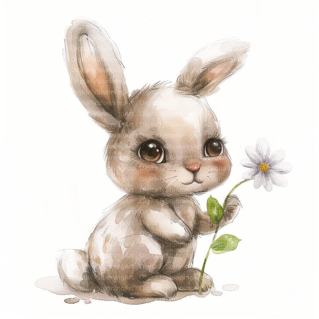 Rabbit Watercolor Clipart, Flower, Commercial Use (digital Download - Etsy