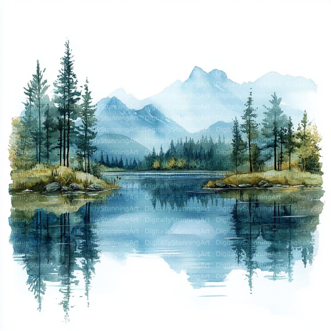 Watercolor Lake Scenery Clipart: Mountain Landscape Art (digital ...