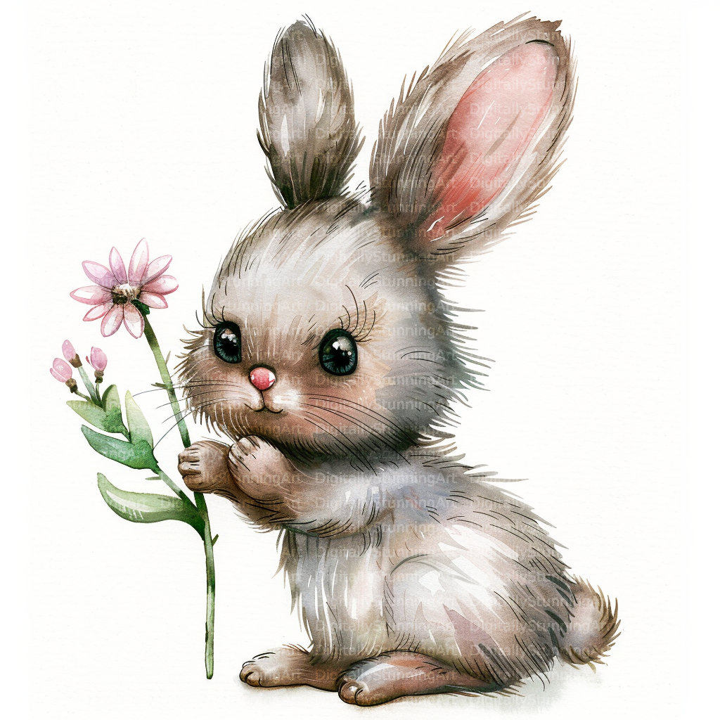 Rabbit Watercolor Clipart, Flower, Commercial Use (digital Download - Etsy