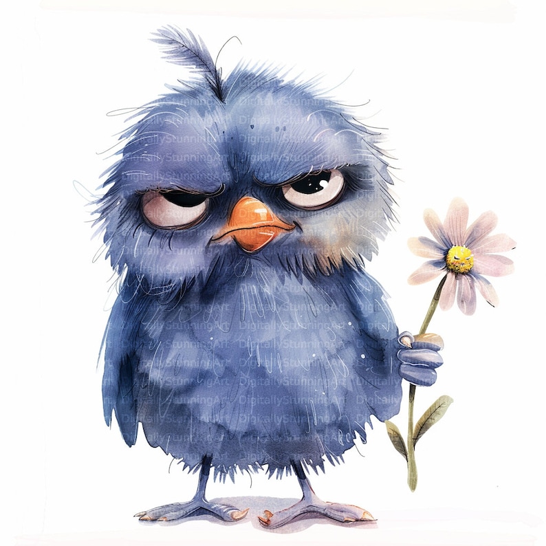 15 Grumpy Birds Watercolor Clipart, Fluffy Cute Birds, Commercial Use ...