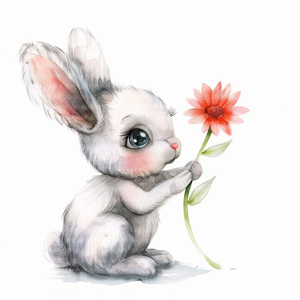 Rabbit Watercolor Clipart, Flower, Commercial Use (digital Download - Etsy