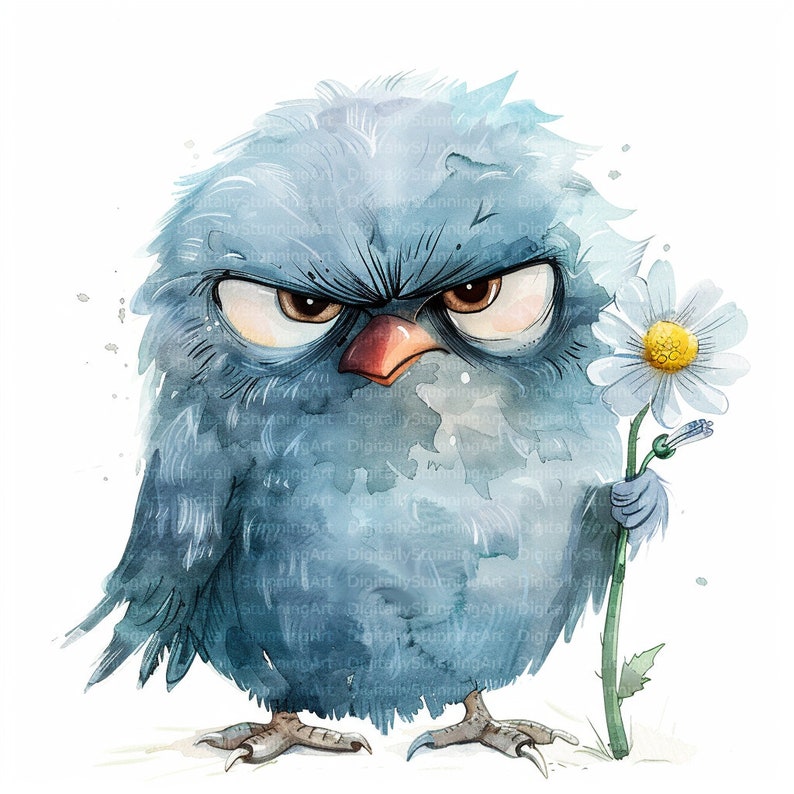 15 Grumpy Birds Watercolor Clipart, Fluffy Cute Birds, Commercial Use ...