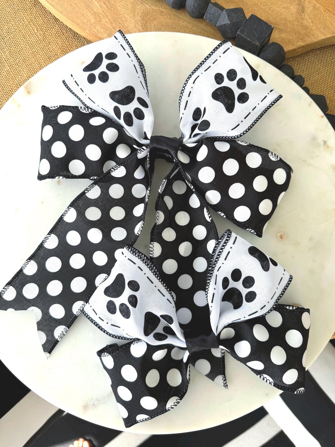 Large Black and White Four Loop Paw and Polka Dots Cheer Clip Bow or ...