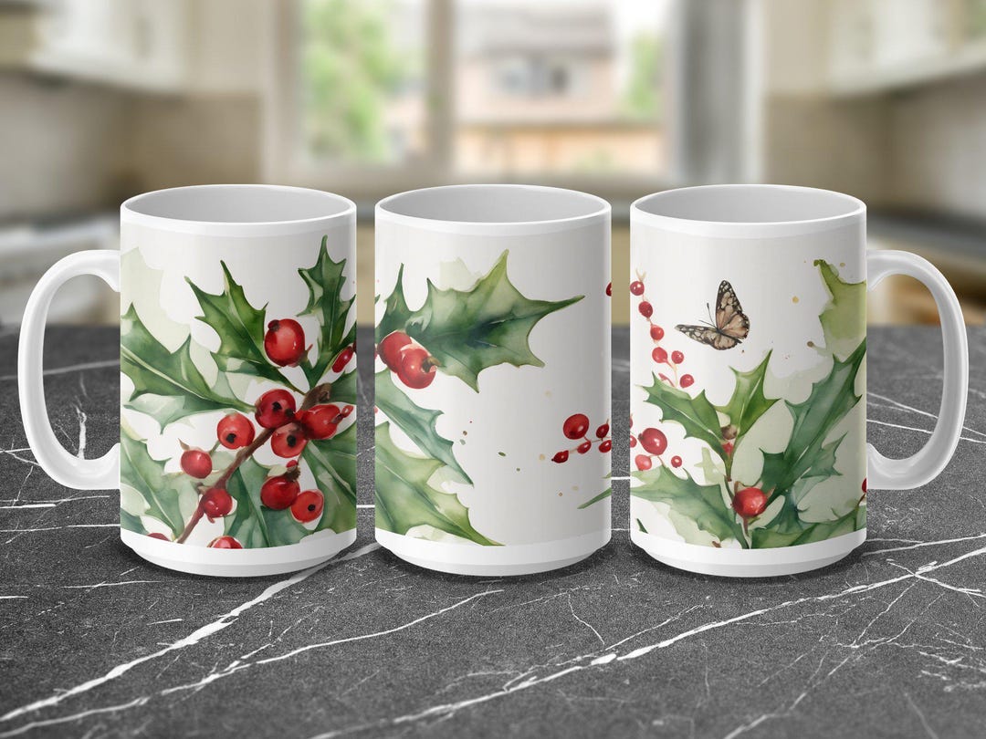 Holly Birth Flower Mug December Flowers Butterfly Design Winter ...