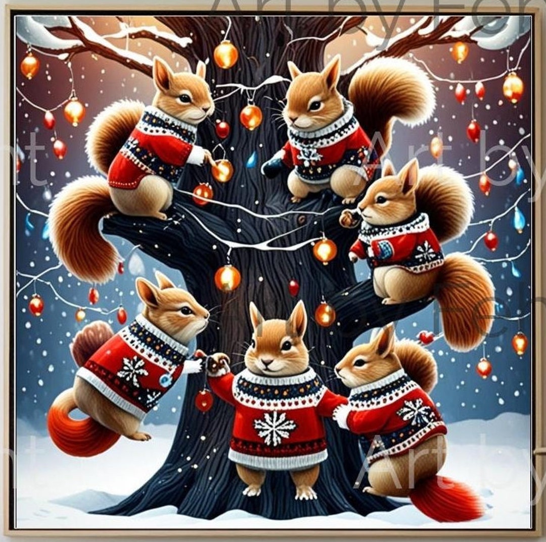 Whimsical Squirrel Holiday Scene Colorful Christmas Tree With Festive ...