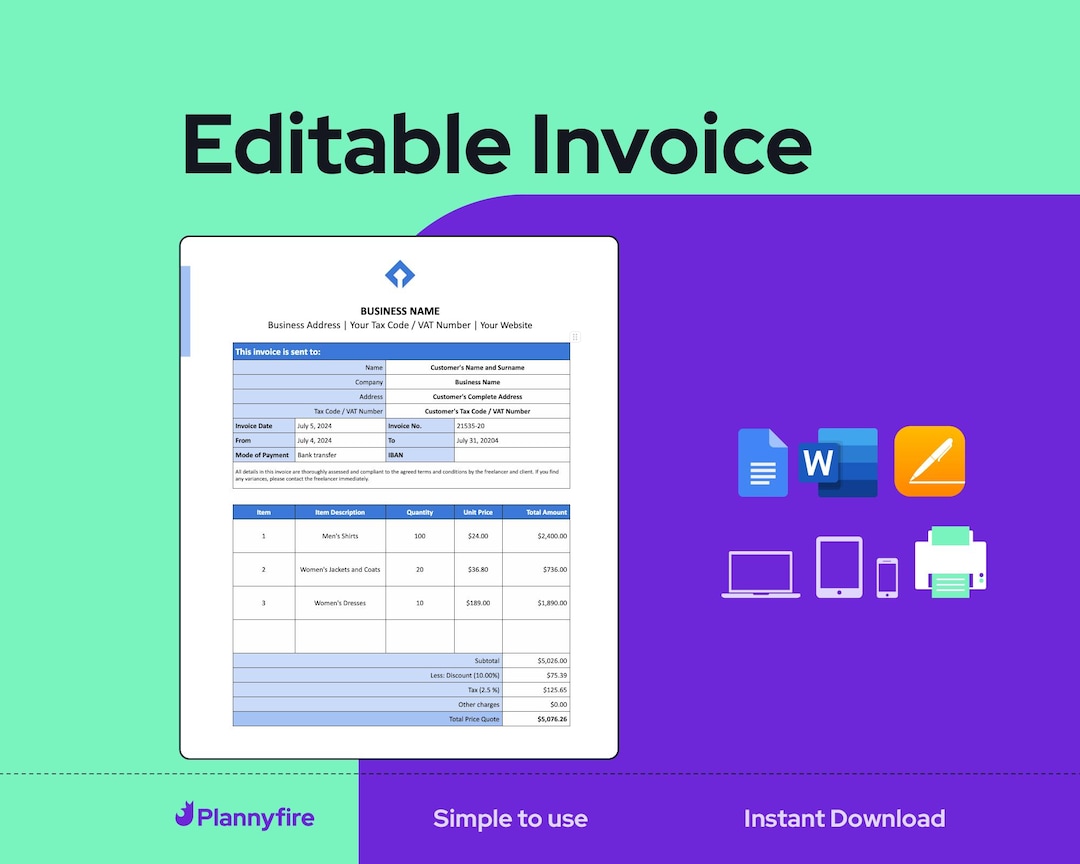 Editable Invoice Template Word Google Docs Pages Printable Invoice ...