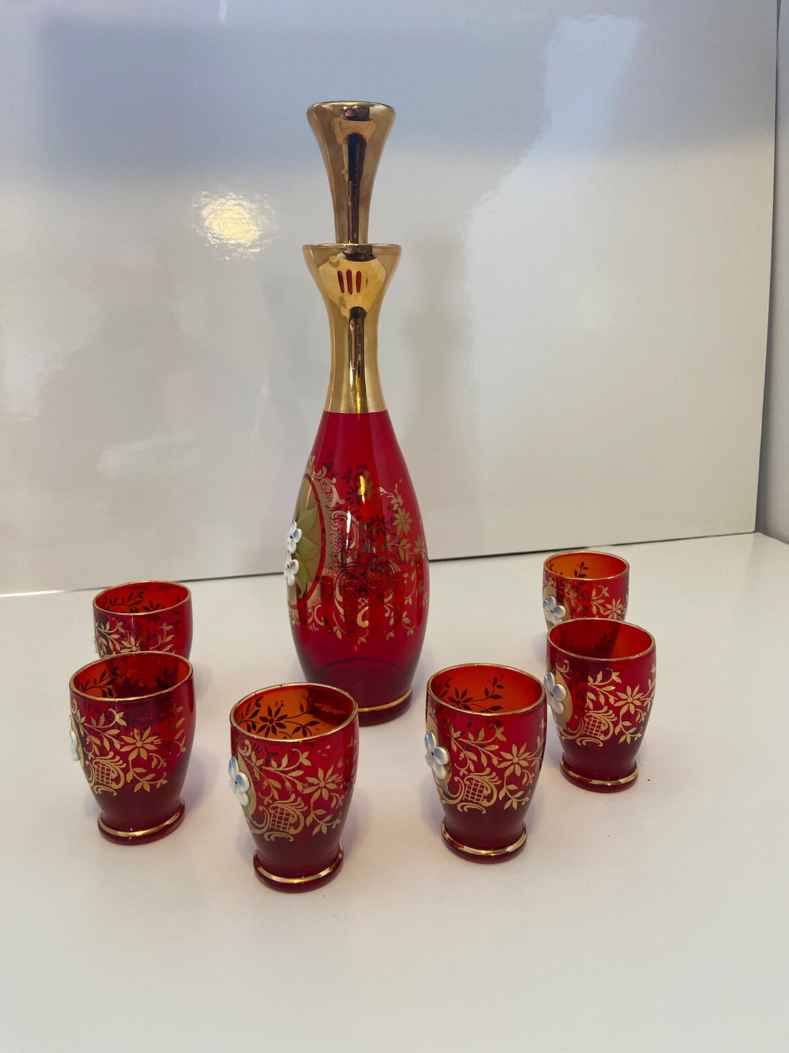 Bohemian Glass Decanter Set With Cordial Glasses Ruby Red Gold - Etsy