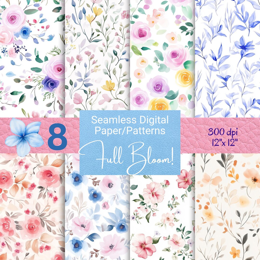 Seamless Watercolor Floral Patterns, Shabby Chic Printable Digital ...