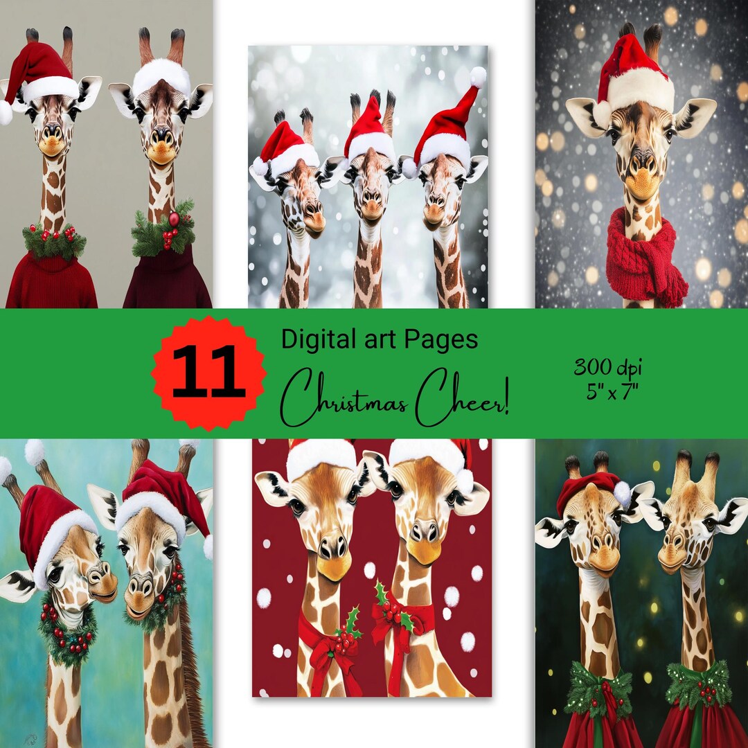 11 Giraffe Digital Art Pages for Christmas Card, Invitations Festive ...