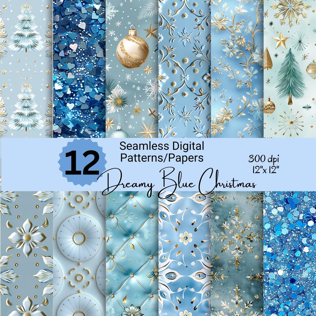 12 Pack Blue and Gold Modern Christmas Digital Papers | Holiday ...