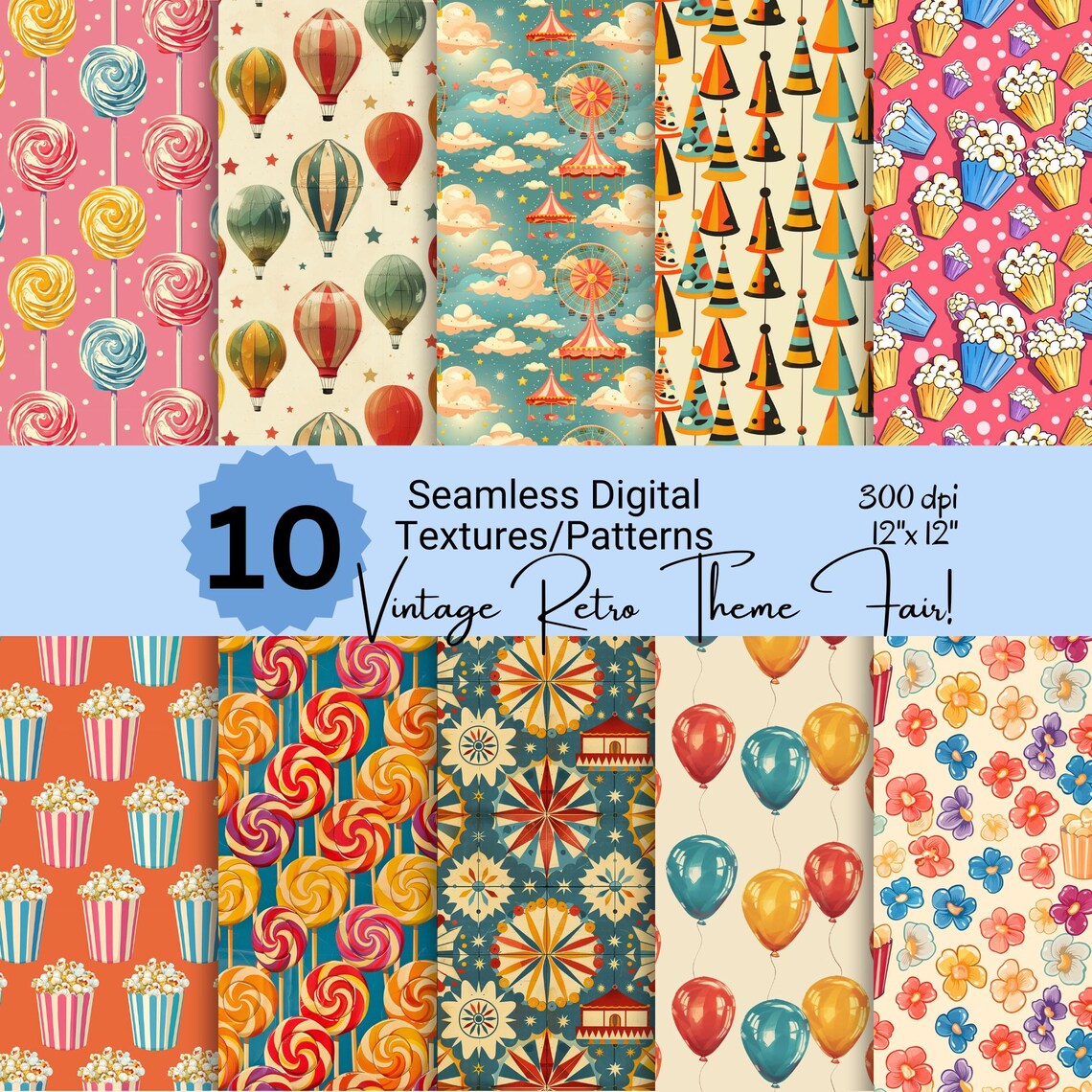 10 Pack Seamless Digital Paper Vintage Retro Carnival Theme Fair ...