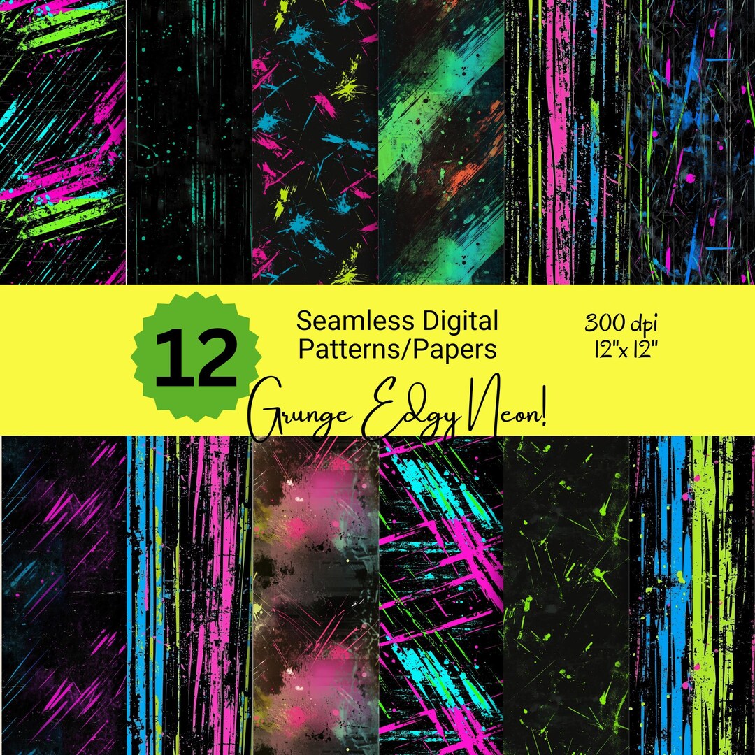 12 Pack Edgy Neon Grunge Seamless Digital Paper and Patterns, Bold ...