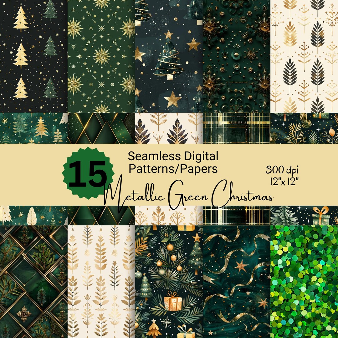 15 Pack Green and Gold Christmas Digital Paper | Seamless Holiday ...