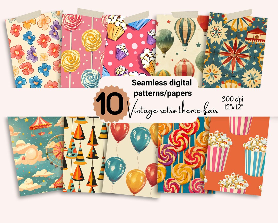 10 Pack Seamless Digital Paper Vintage Retro Carnival Theme Fair ...