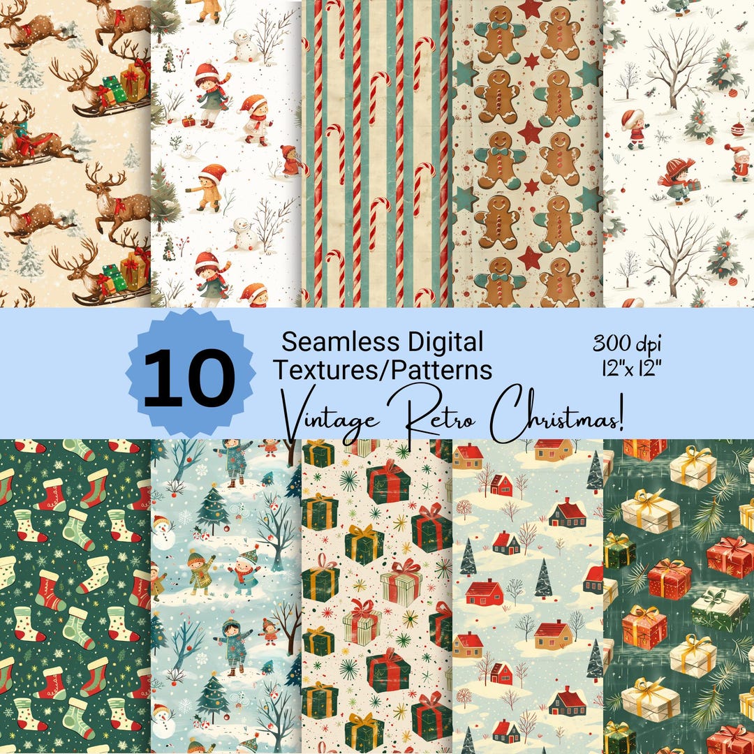 10 Seamless Vintage Retro Christmas Digital Papers | Festive Vintage ...
