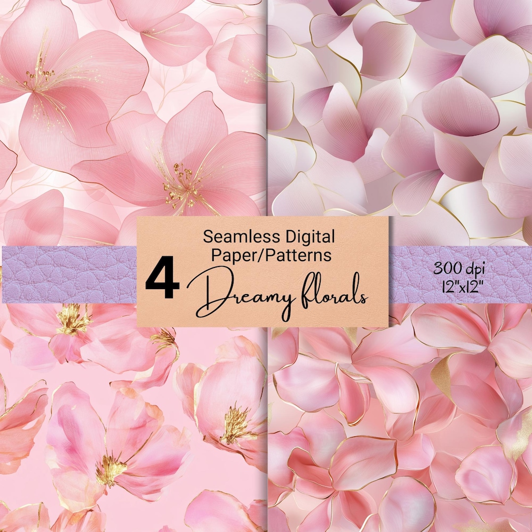 Dreamy Soft Pink Floral Digital Paper With Gold Foil Accents , Seamless ...
