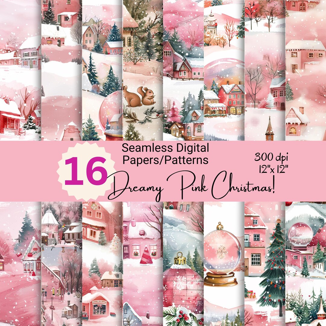 16 Watercolor Pink Aesthetic Seamless Christmas Scenes Digital Paper ...