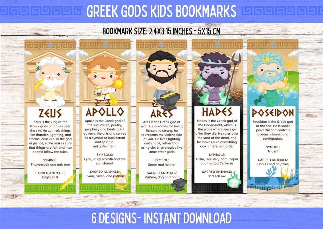 Greek Mythology Gods Printable Bookmarks, Kids Printable Bookmarks ...