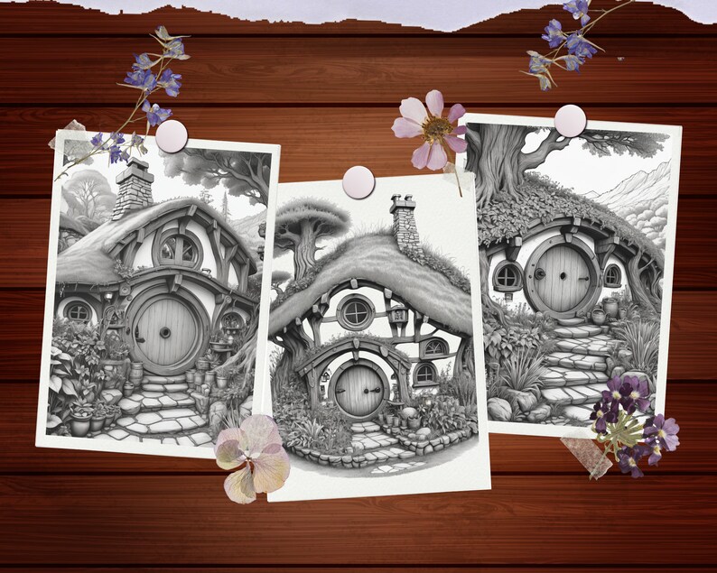 Hobbit House Coloring Pages (40 Pages) Adult Coloring Book, Grayscale ...
