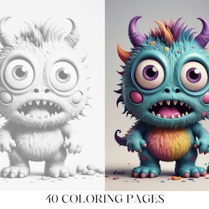 Cute Tiny Monster Coloring Pages (40 Pages) Adult & Kids , Grayscale ...