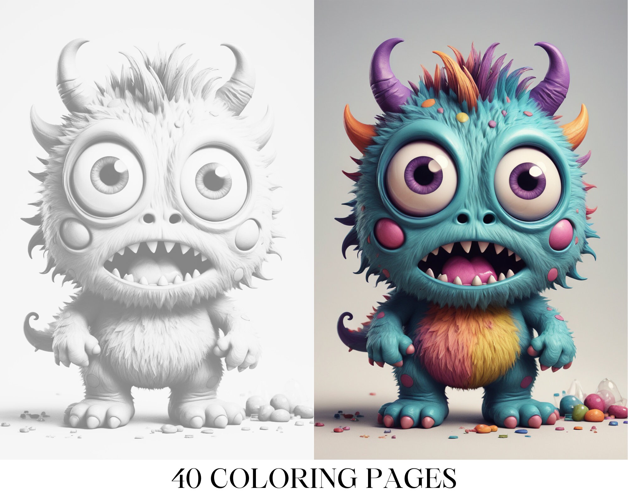 Cute Tiny Monster Coloring Pages 40 Pages Adult & Kids , Grayscale ...
