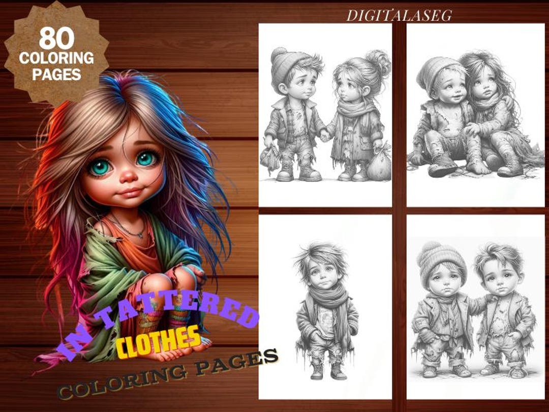 In Tattered Clothes (80 Page) Coloring Pages Adult & Kid Coloring Book, Grayscale-light ...