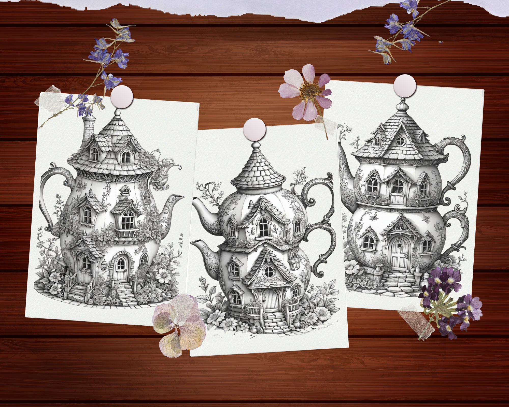 Whimsical Teapot Fairy Houses Coloring Pages 60 Adult & Kid Coloring ...