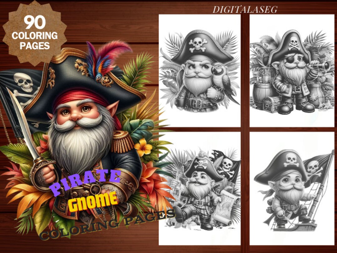 Pirate Gnome (90) Coloring Pages Adult & Kid Coloring Book, Grayscale ...