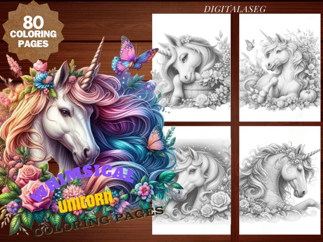 Whimsical Unicorn (80 Page) Coloring Pages Adult & Kid Coloring Book ...