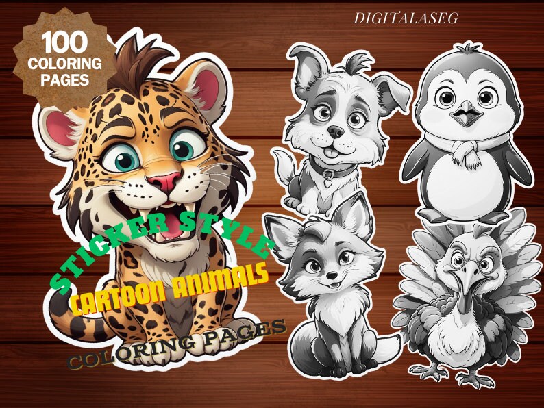 Sticker Style Cartoon Animals Coloring Book: 100 Pages (printable PDF ...