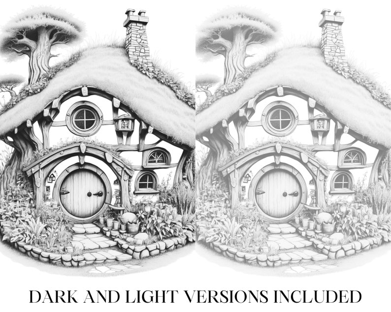 Hobbit House Coloring Pages (40 Pages) Adult Coloring Book, Grayscale ...
