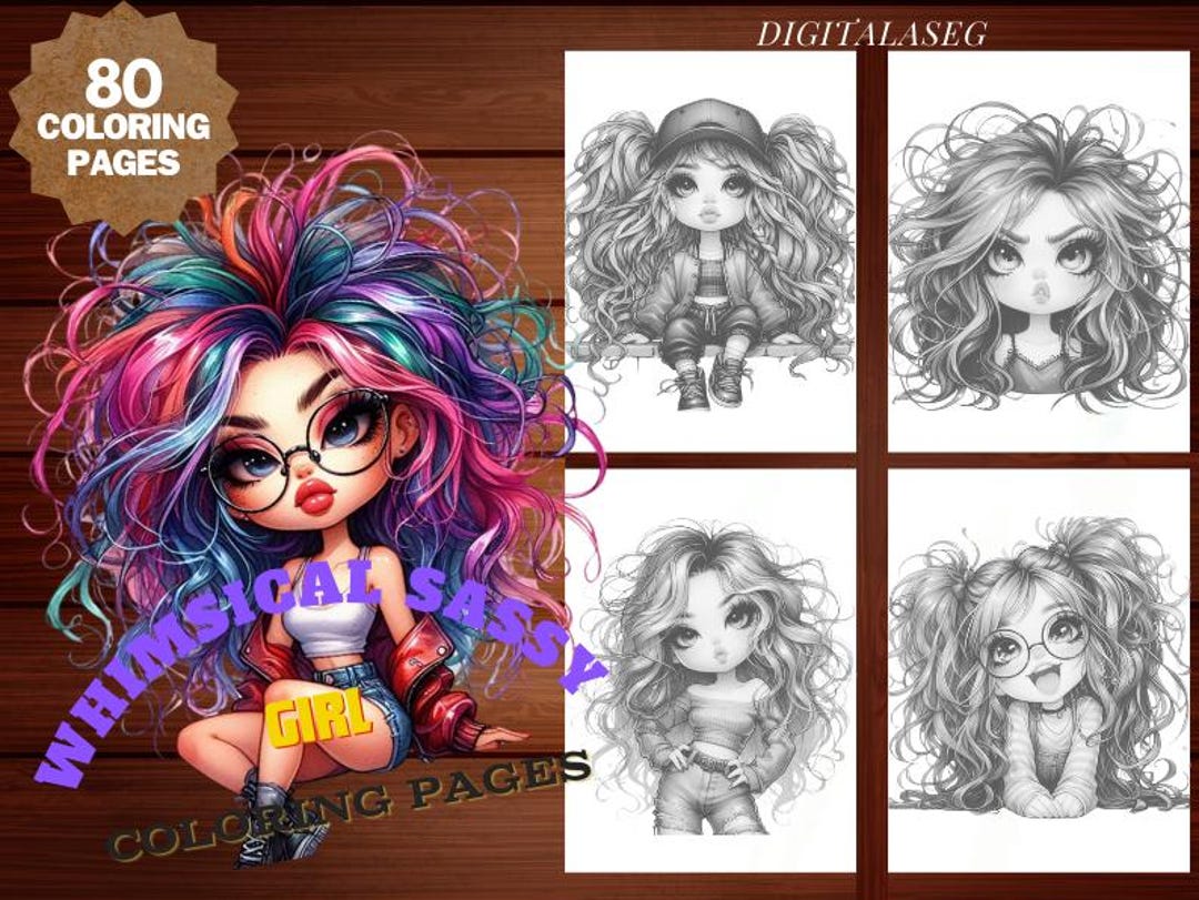 Sassy Girl Coloring Book: 80 Whimsical Pages, Grayscale (printable PDF ...