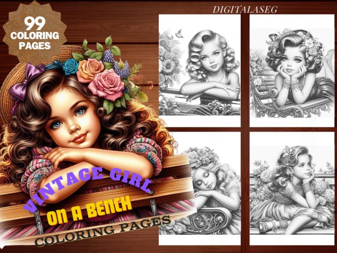 Vintage Girl on a Bench Coloring Pages 99 Page Adult & Kid Coloring ...