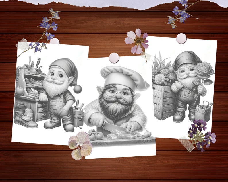 Gnome at Work Coloring Book: 80 Grayscale Pages (printable PDF) - Etsy