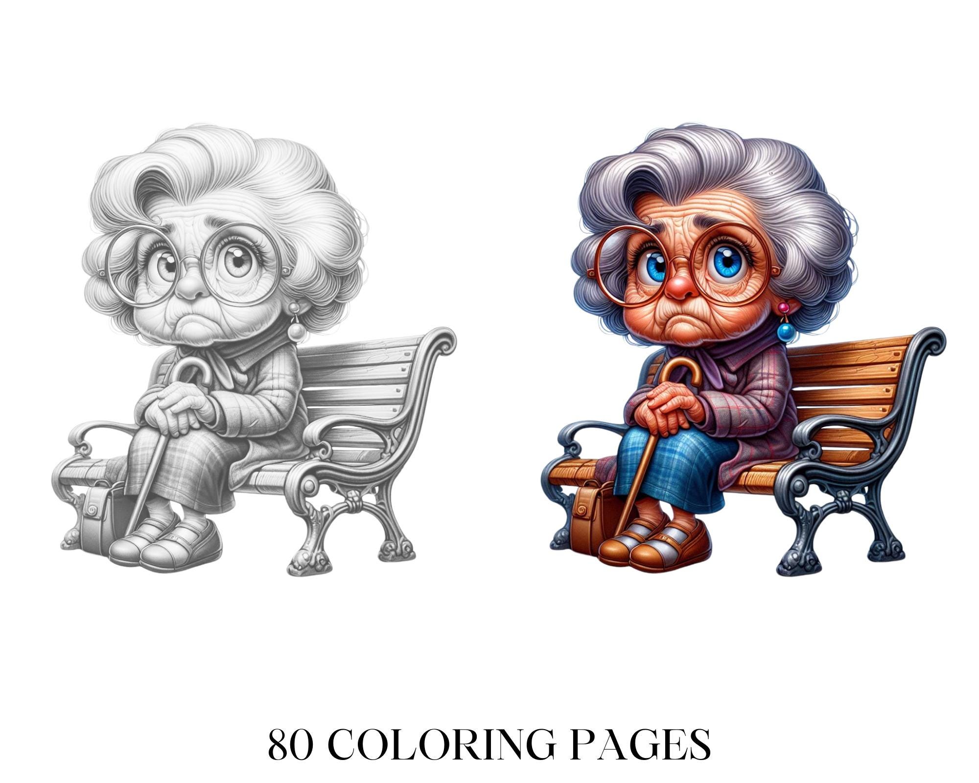 Funny Old Lady Coloring Book: 80 Grayscale Pages (printable PDF) - Etsy