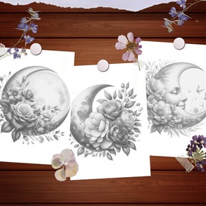 Floral Moon Coloring Pages Adult & Kid Coloring Book, Grayscale, Light ...