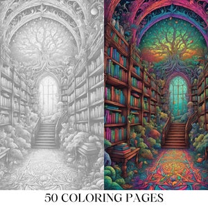 Enchanted Library Coloring Pages (50 Pages) Adult & Kids Coloring Book ...