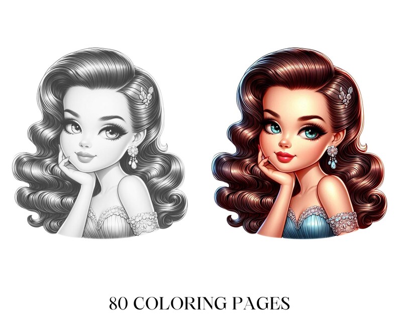 Chibi 1950's Actresses Coloring Book: 80 Page Grayscale (printable PDF ...