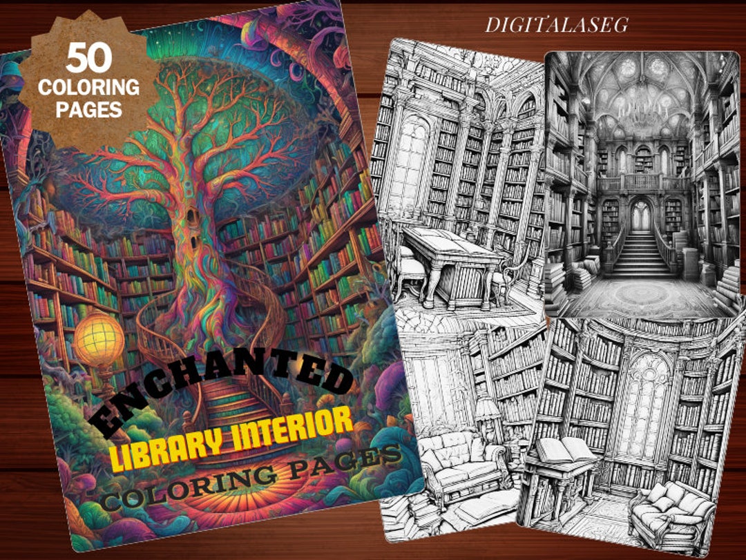 Enchanted Library Coloring Pages (50 Pages) Adult & Kids Coloring Book ...